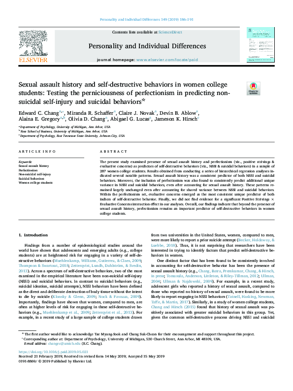 (PDF) Sexual assault history and self-destructive behaviors in women ...