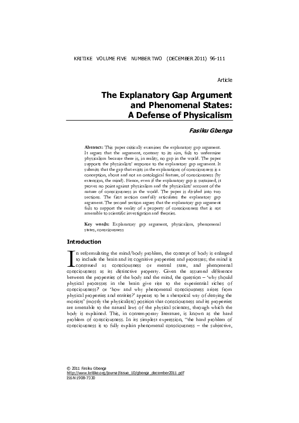 (PDF) Article The Explanatory Gap Argument and Phenomenal States
