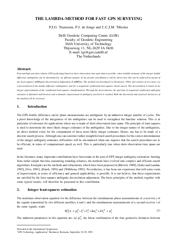 (PDF) The lambda method for fast GPS surveying