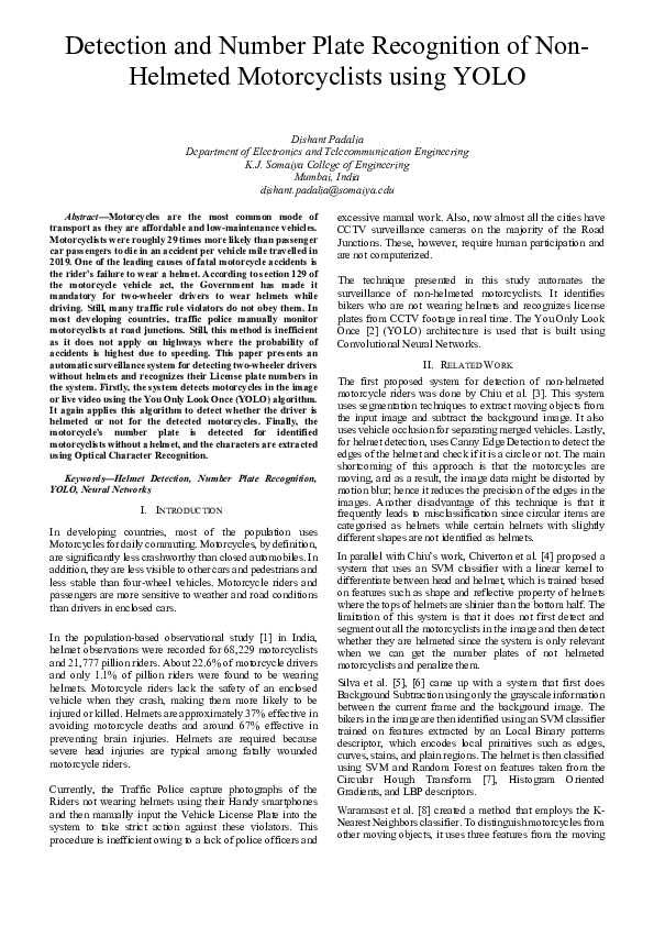Pdf Detection And Number Plate Recognition Of Non Helmeted