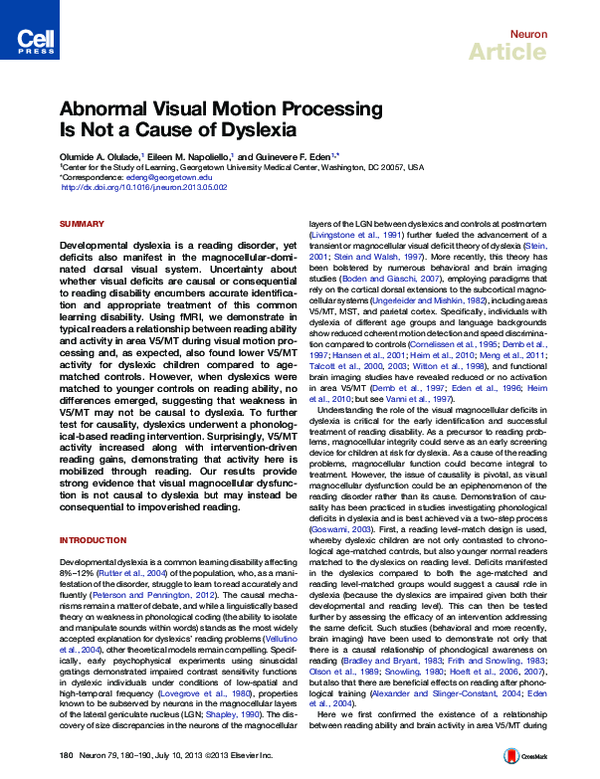 (PDF) Abnormal Visual Motion Processing Is Not a Cause of Dyslexia