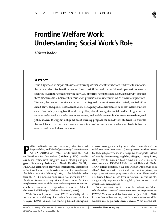 (PDF) Frontline Welfare Work: Understanding Social Work's Role ...