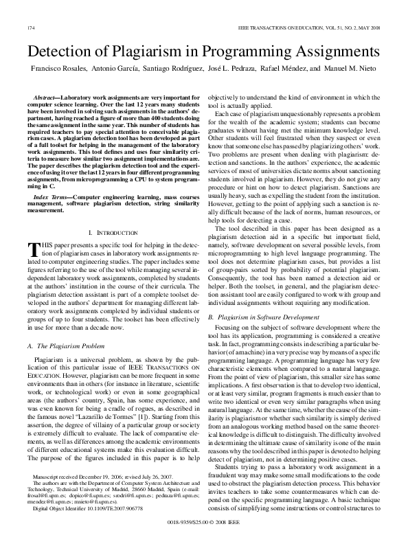 (PDF) Detection of Plagiarism in Programming Assignments