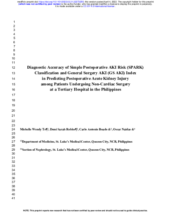 (PDF) Diagnostic Accuracy of Simple Postoperative AKI Risk (SPARK ...