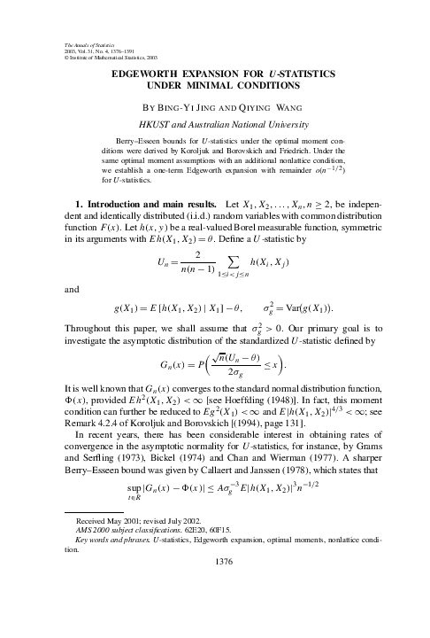(PDF) Edgeworth expansion for U-statistics under minimal conditions | Qiying Wang - Academia.edu