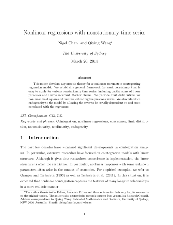 (PDF) Nonlinear regressions with nonstationary time series