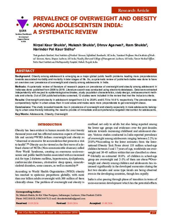 (PDF) Prevalence of Overweight and Obesity Among Adolescentsin India: A ...