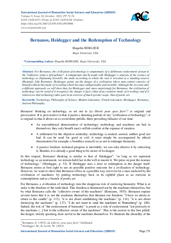(PDF) Bernanos, Heidegger and the Redemption of Technology