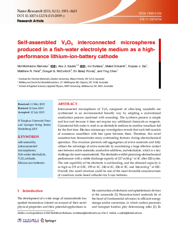 (PDF) Self-assembled V2O5 interconnected microspheres produced in a ...