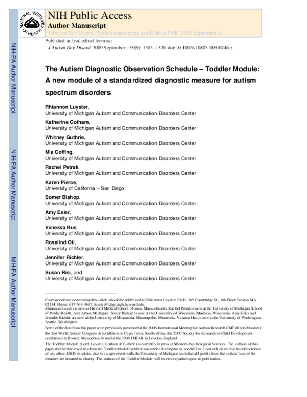 (PDF) The Autism Diagnostic Observation Schedule—Toddler Module: A New ...