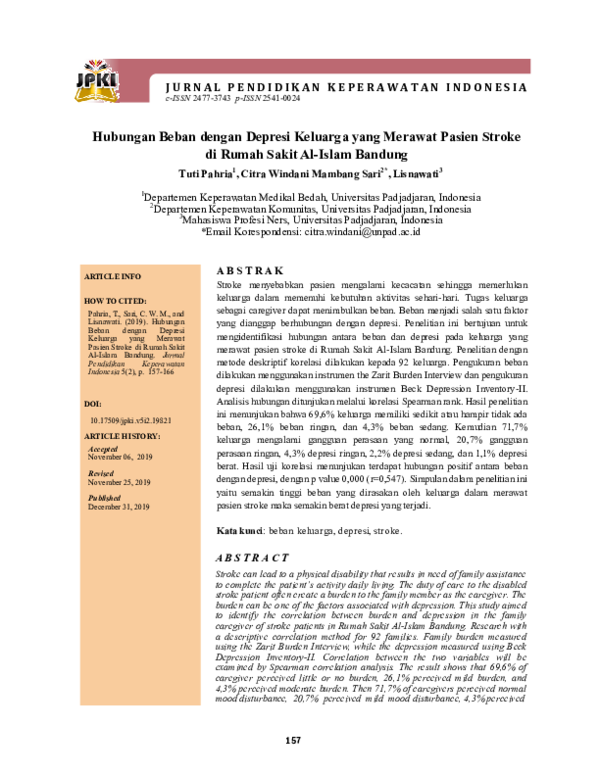 (PDF) Hubungan Beban Dengan Depresi pada Keluarga yang Merawat Pasien Stroke