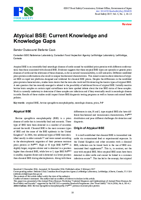 (PDF) Atypical BSE: Current Knowledge and Knowledge Gaps
