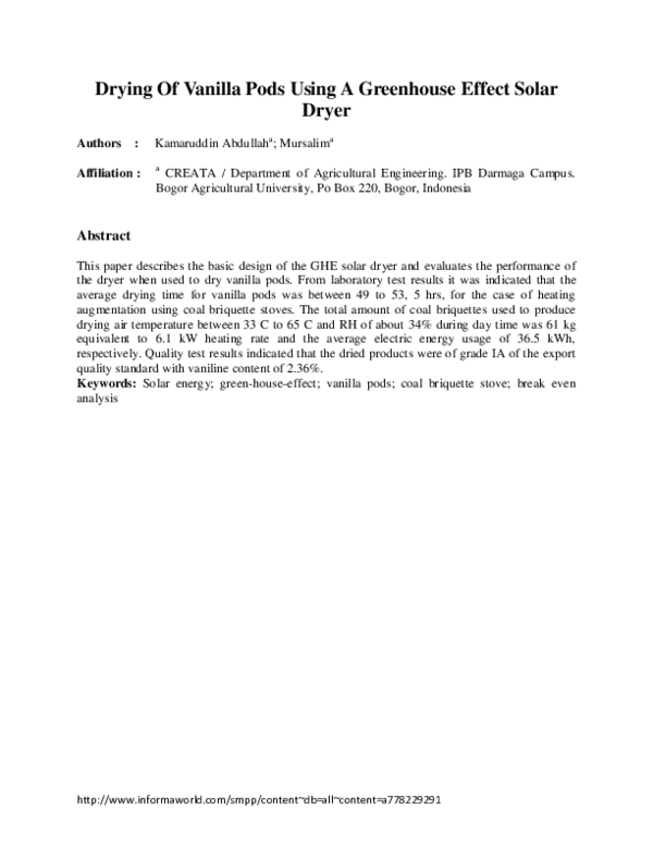 (PDF) Drying Of Vanilla Pods Using A Greenhouse Effect Solar Dryer