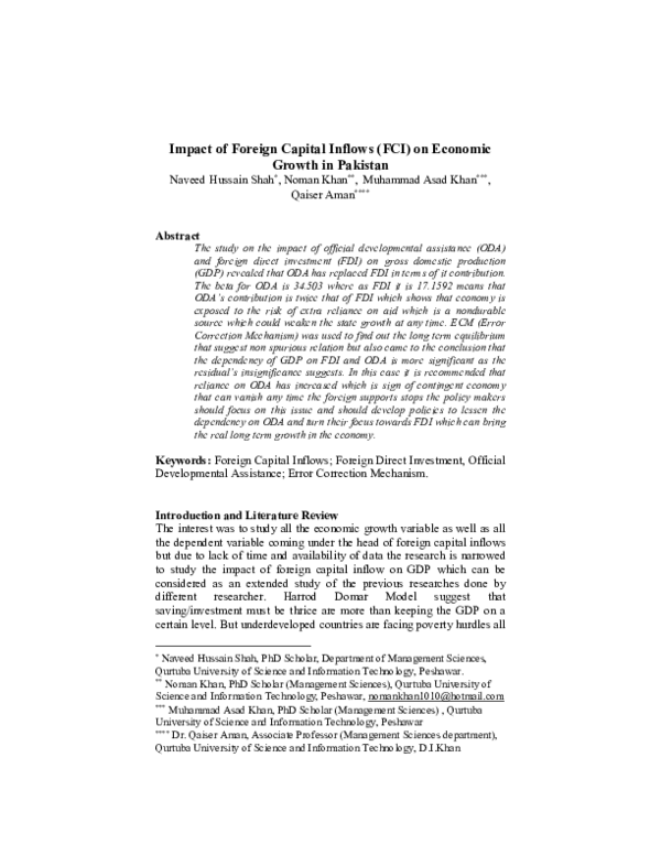 (PDF) Impact of Foreign Capital Inflows ( FCI ) on Economic Growth in ...