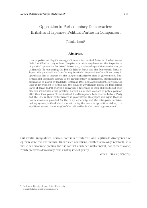 (PDF) Opposition in Parliamentary Democracies : British and Japanese ...