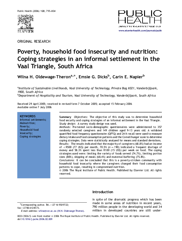 (PDF) Poverty, household food insecurity and nutrition: Coping ...