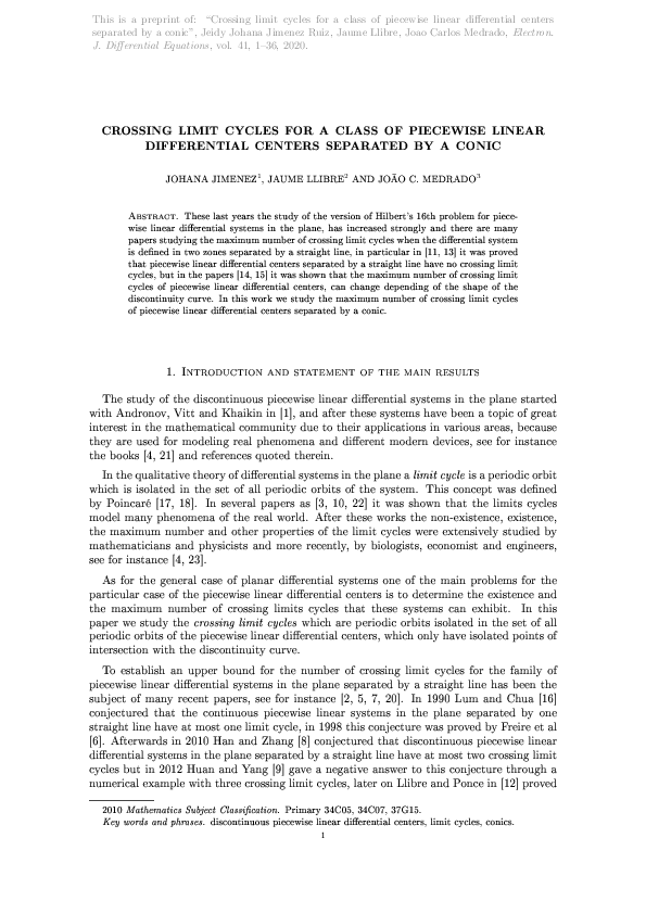 (PDF) Crossing limit cycles for a class of piecewise linear differential centers separated by a ...