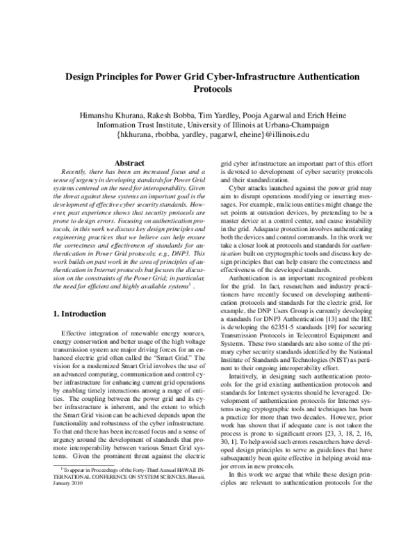 (PDF) Design Principles for Power Grid Cyber-Infrastructure Authentication Protocols