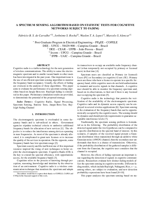 Pdf A Spectrum Sensing Algorithm Based On Statistic Tests For 0136