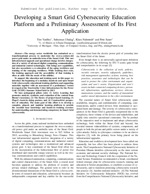 (PDF) Developing a Smart Grid cybersecurity education platform and a preliminary assessment of ...