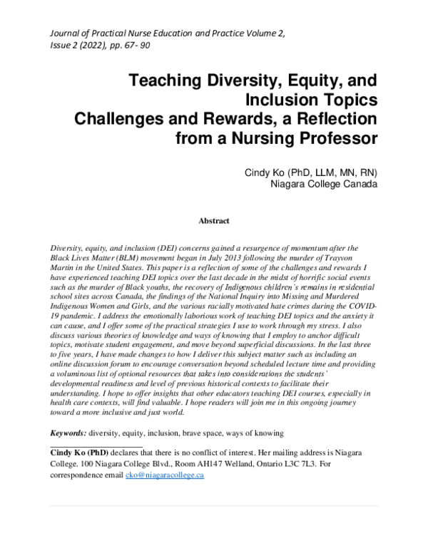 (PDF) Teaching Diversity, Equity, and Inclusion Topics – Challenges and Rewards, a Reflection ...