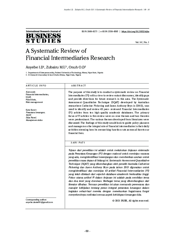 (PDF) A Systematic Review of Financial Intermediaries Research