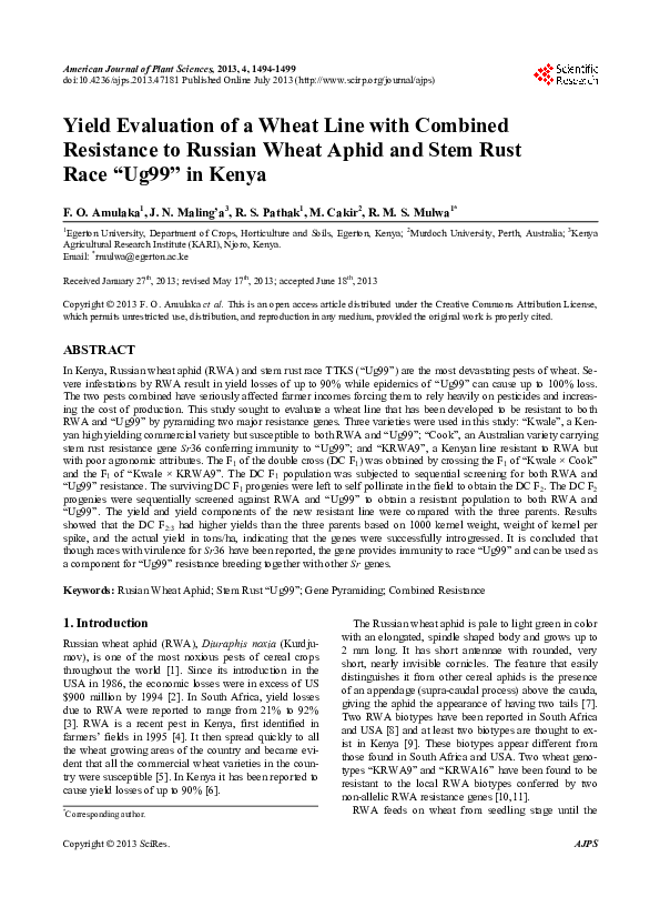 (PDF) Yield Evaluation of a Wheat Line with Combined Resistance to Russian Wheat Aphid and Stem ...