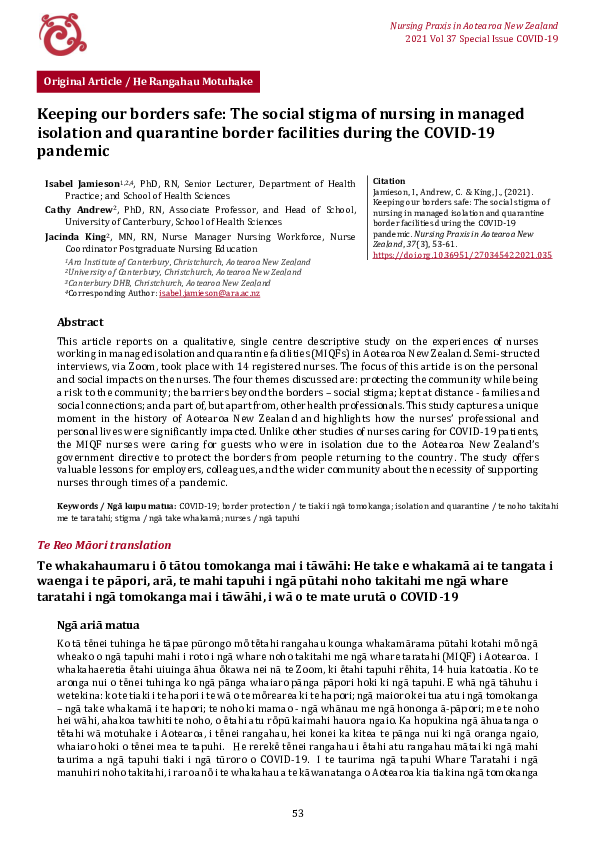 (PDF) Keeping our borders Safe: The social stigma of nursing in managed isolation and quarantine ...