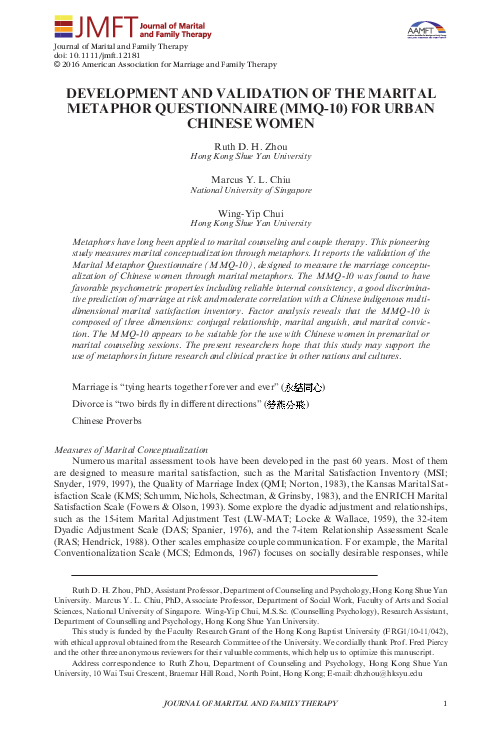 (PDF) Development and Validation of the Marital Metaphor Questionnaire ...