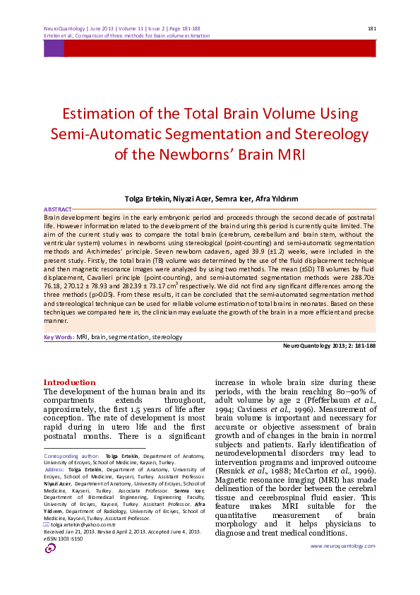 (PDF) Estimation 0f the Total Brain Volume Using Semi-Automatic Segmentation and Stereology of ...