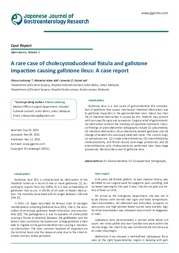 Pdf A Rare Case Of Cholecystoduodenal Fistula And Gallstone Impaction Causing Gallstone Ileus