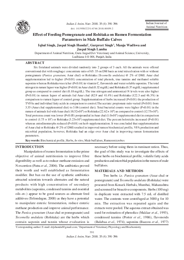 (PDF) Effect of Feeding Pomegranate and Rohitaka on Rumen Fermentation ...