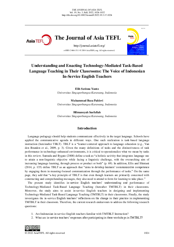 (PDF) Understanding and Enacting Technology-Mediated Task-Based Language Teaching in Their ...