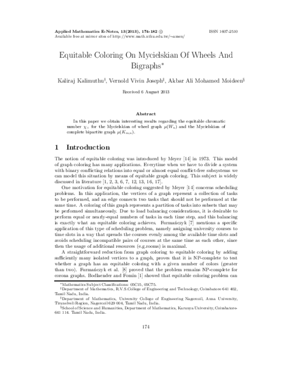 (PDF) Equitable Coloring On Mycielskian Of Wheels And Bigraphs