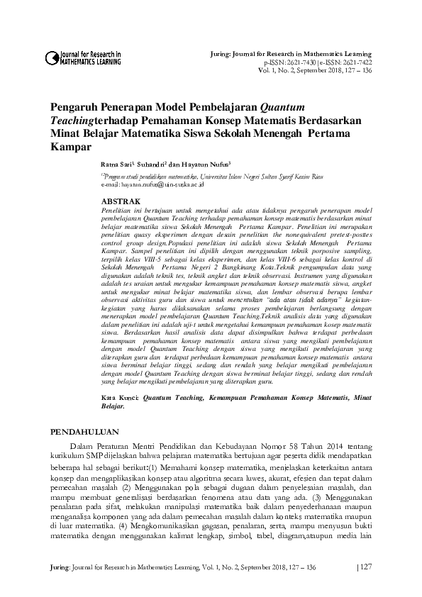(PDF) Pengaruh Penerapan Model Pembelajaran Quantum Teachingterhadap Pemahaman Konsep Matematis ...
