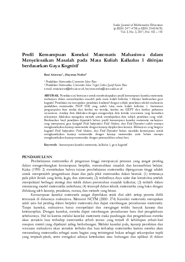 (PDF) Profil Kemampuan Koneksi Matematis Mahasiswa dalam Menyelesaikan Masalah pada Mata Kuliah ...