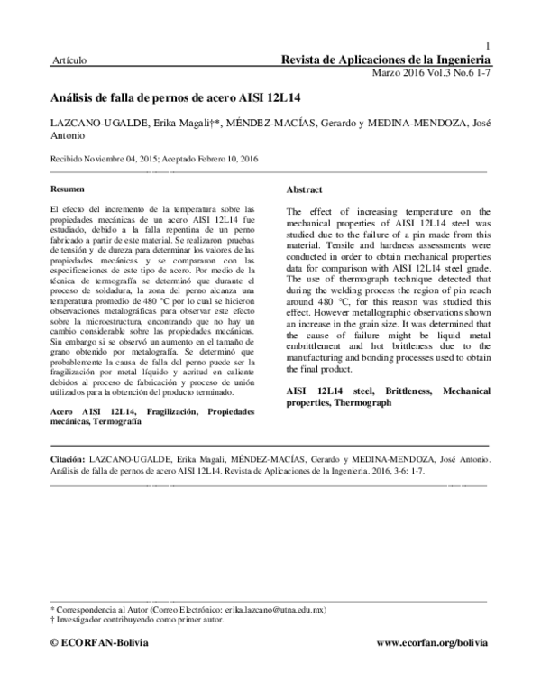(PDF) Análisis de falla de pernos de acero AISI 12L14