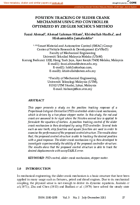 (PDF) Position Tracking Of Slider Crank Mechanism Using Pid Controller Optimized By Ziegler ...