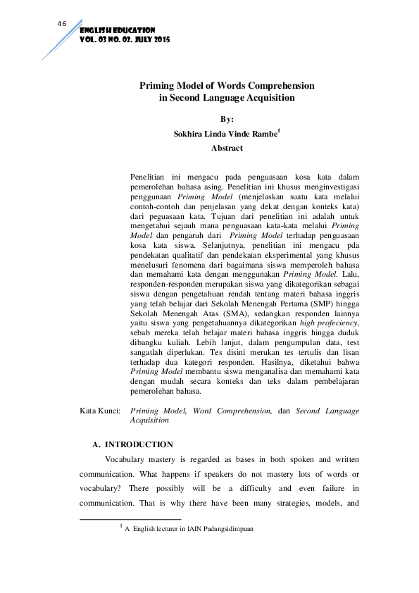 (PDF) Priming Model of Words Comprehension in Second Language Acquisition