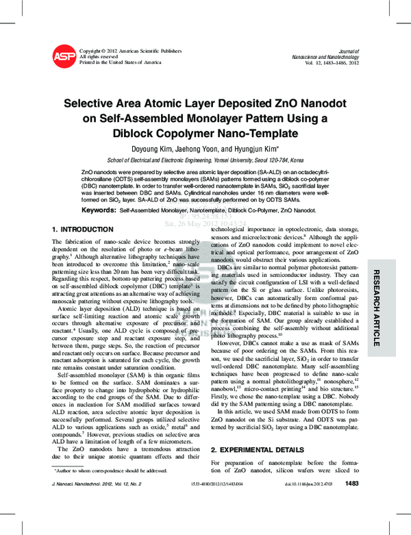 Pdf Selective Area Atomic Layer Deposited Zno Nanodot On Self