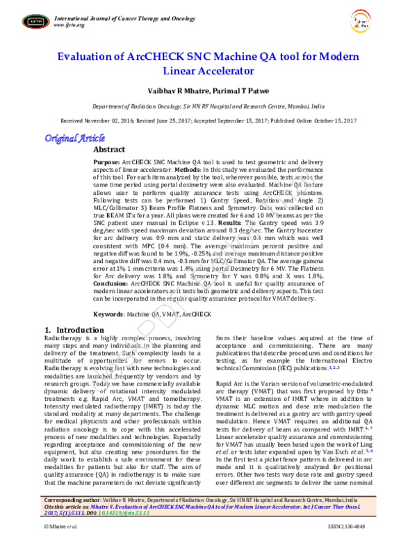 Pdf Evaluation Of Arccheck Snc Machine Qa Tool For Modern Linear