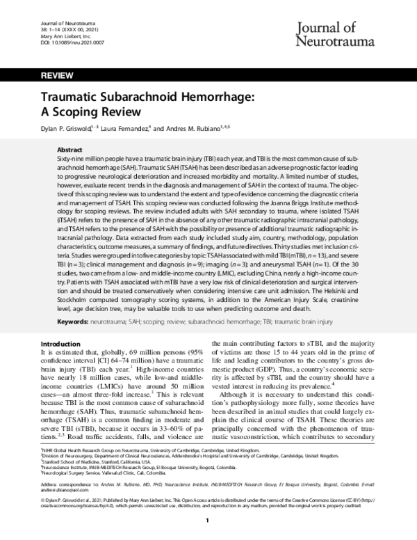 (PDF) Traumatic Subarachnoid Hemorrhage: A Scoping Review