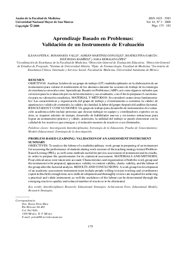 (PDF) Aprendizaje Basado en Problemas: Validación de un Instrumento de Evaluacion
