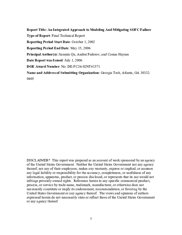 (PDF) An Integrated Approach to Modeling and Mitigating SOFC Failure