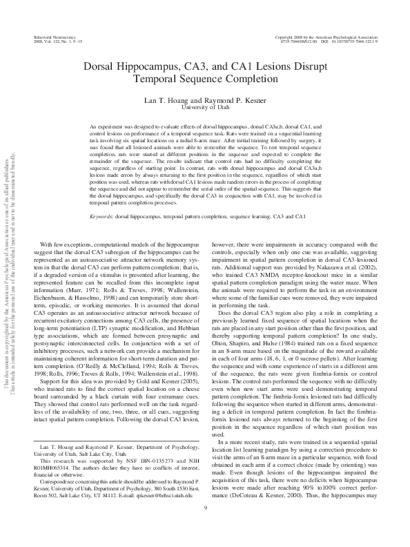 Pdf Dorsal Hippocampus Ca3 And Ca1 Lesions Disrupt Temporal Sequence Completion