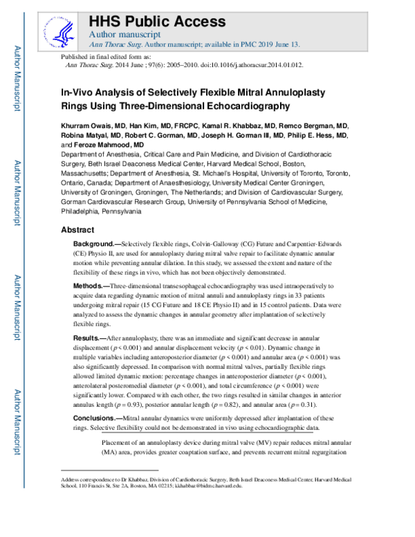 (PDF) In-Vivo Analysis of Selectively Flexible Mitral Annuloplasty ...