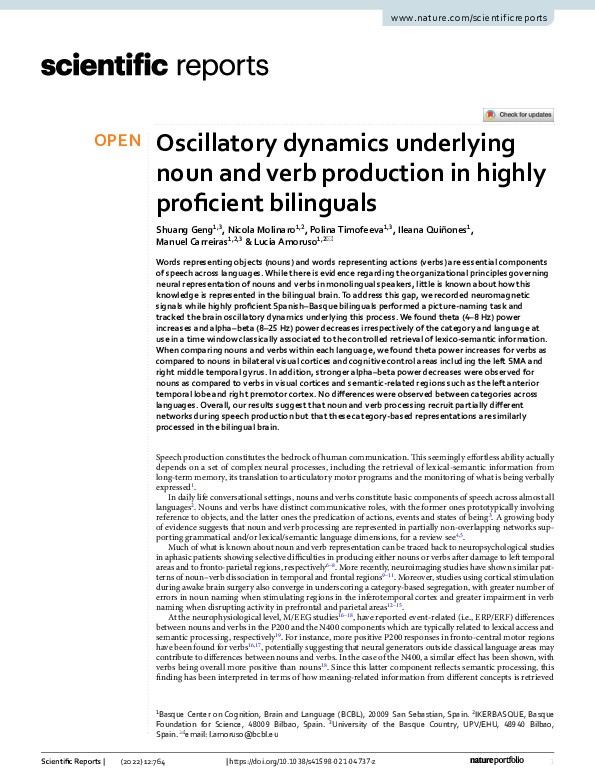 (PDF) Oscillatory dynamics underlying noun and verb production in highly proficient bilinguals