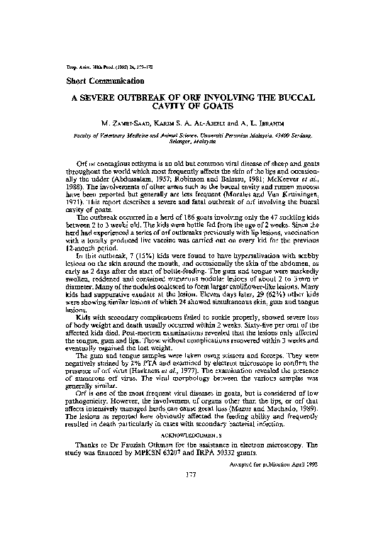 (PDF) A severe outbreak of orf involving the buccal cavity of goats
