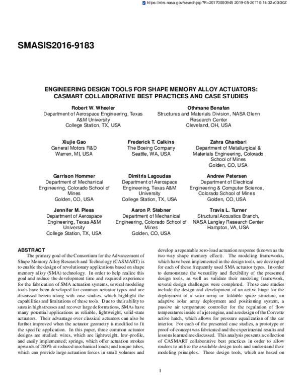 (PDF) Engineering Design Tools for Shape Memory Alloy Actuators: CASMART Collaborative Best ...