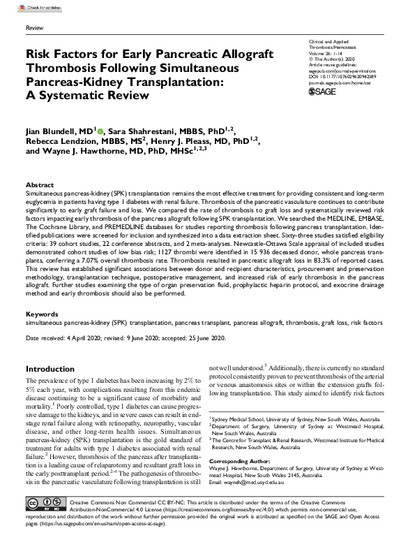(PDF) Risk Factors for Early Pancreatic Allograft Thrombosis Following Simultaneous Pancreas ...